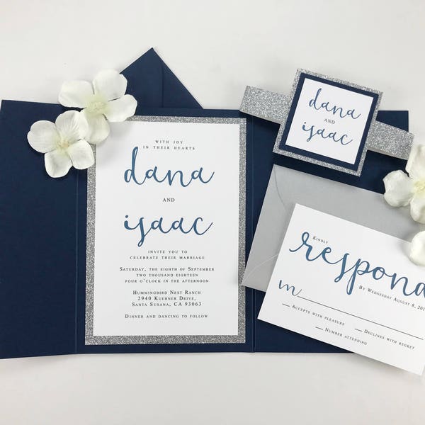 Navy Blue and Silver Wedding Invitations - Etsy