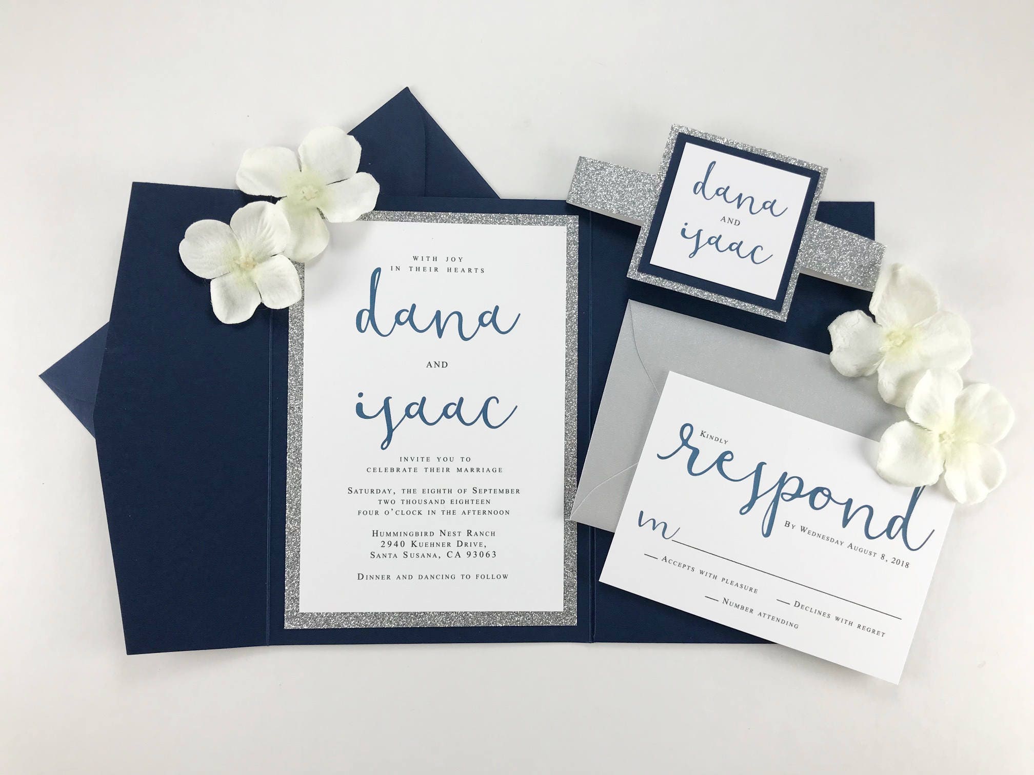 Navy Blue and SILVER GLITTER Wedding Invitation Sets Modern - Etsy