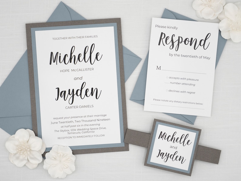 GRAY and DUSTY BLUE Wedding Invitation Set Beautiful Modern | Etsy