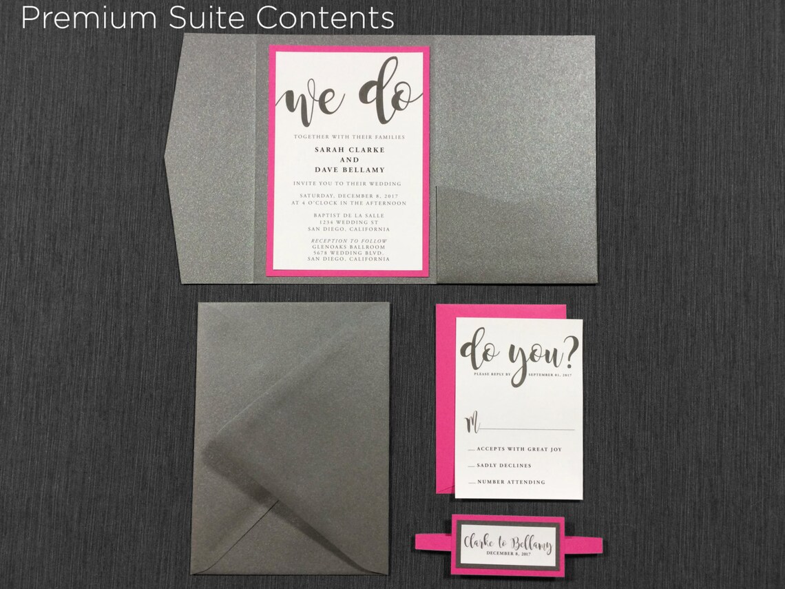 Pink and Gray Wedding Invitations Hot Pink Wedding Fun | Etsy