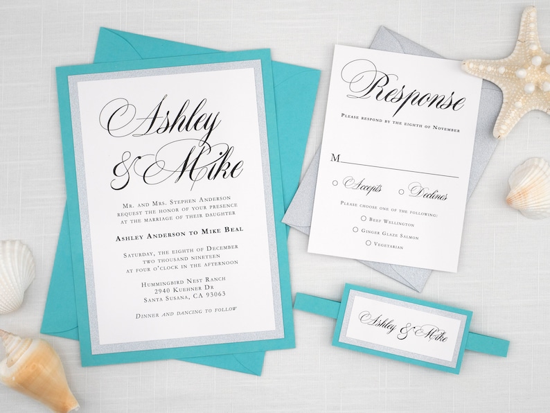 AQUA Wedding Invitations Beautiful Turquoise and Silver | Etsy