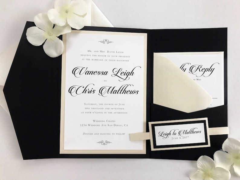 Black & Ivory Pocket Wedding Invitation Suite: Calligraphy Script - Etsy
