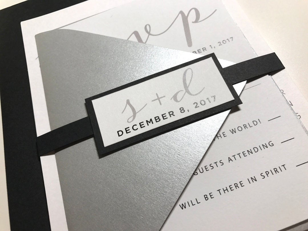Script Flowy Font Invitations, Elegant Black and Silver Wedding ...