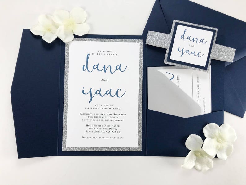 Navy Blue and SILVER GLITTER Wedding Invitation Sets Modern - Etsy