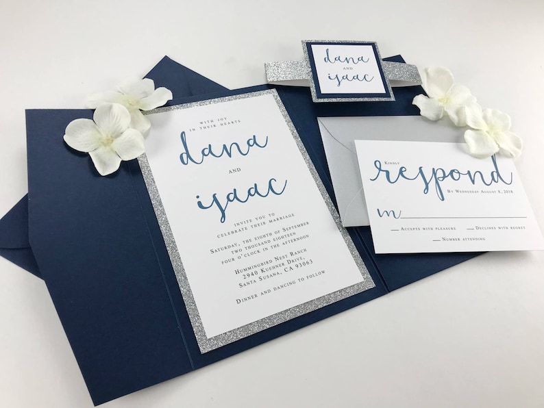 Navy Blue and SILVER GLITTER Wedding Invitation Sets Modern - Etsy