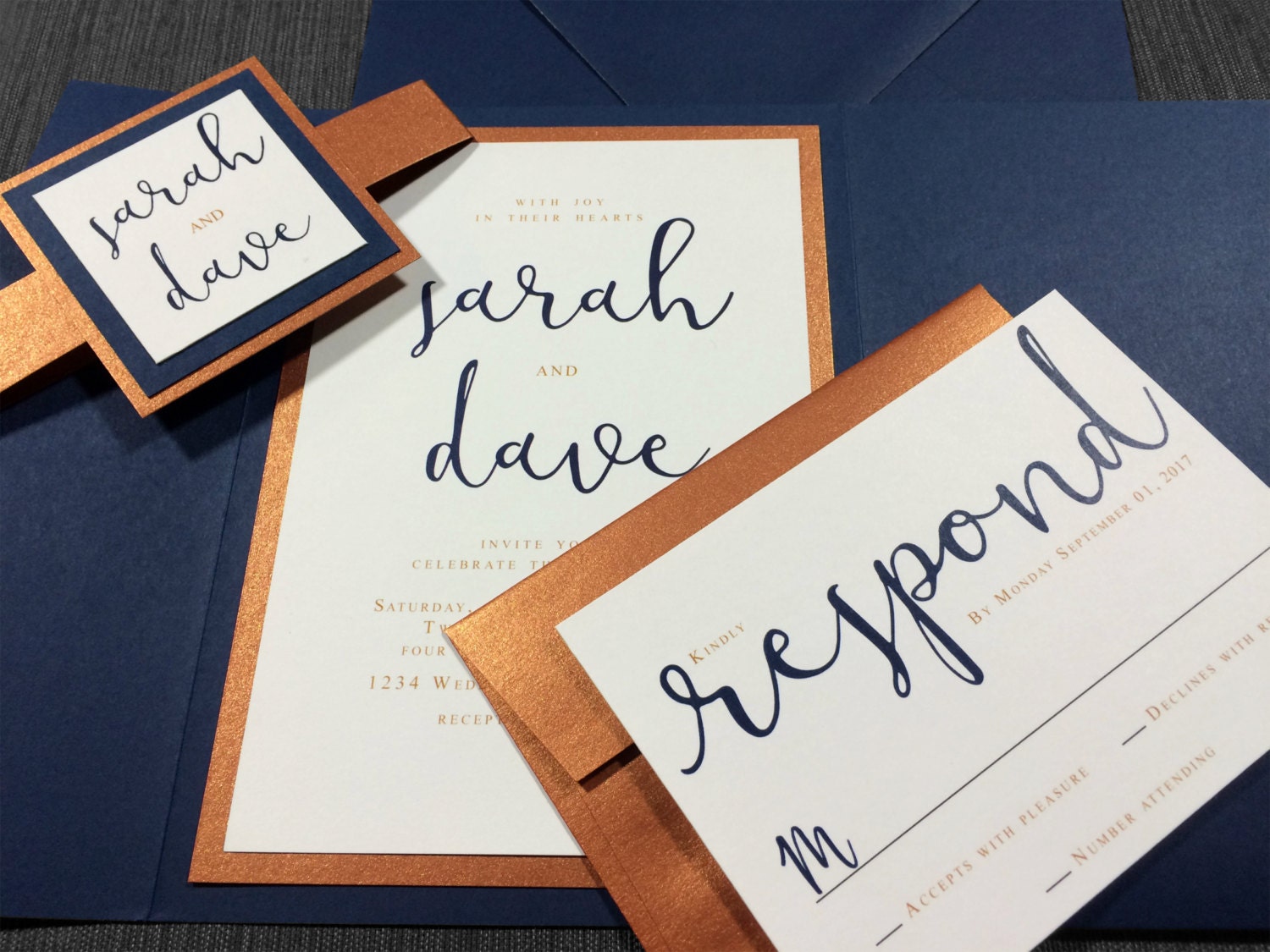 Copper Wedding Invitations Calligraphy Navy Wedding Copper - Etsy