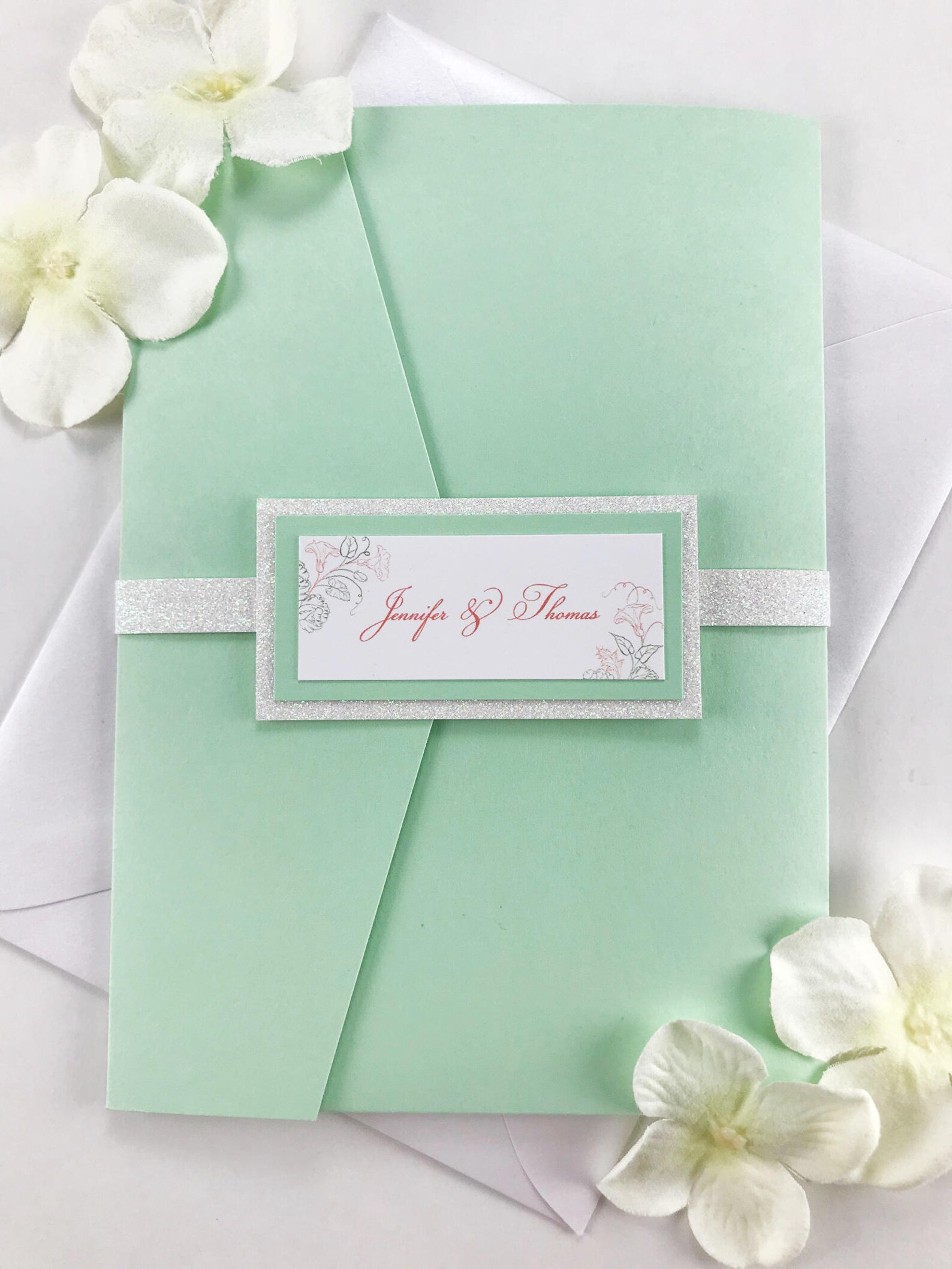 Mint Green Pocket Folder Wedding Invitation Set White Glitter | Etsy