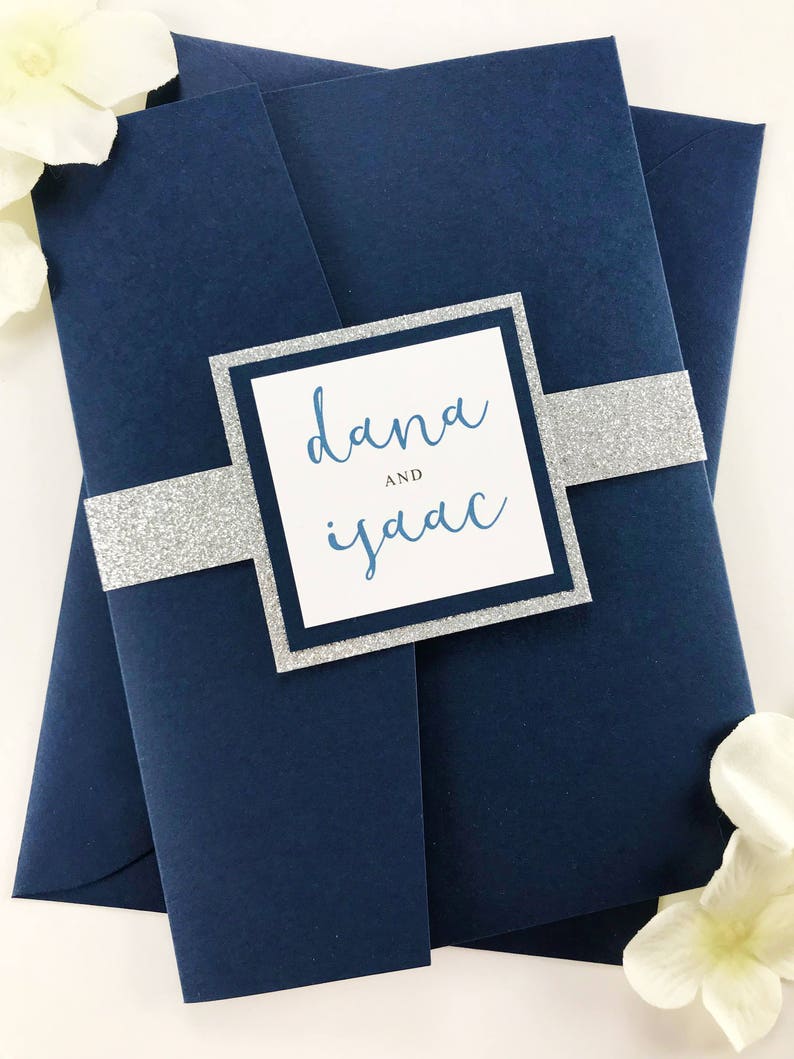 Navy Blue and SILVER GLITTER Wedding Invitation Sets Modern - Etsy