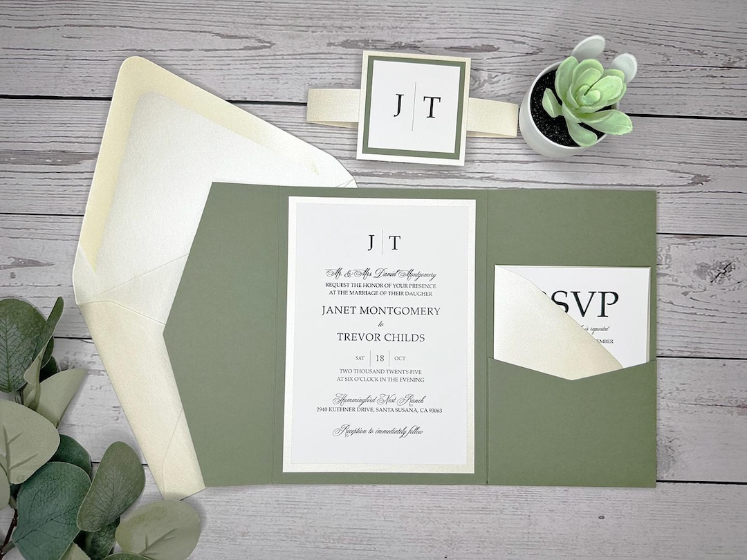 Sage Green Wedding Invitation Set With Pocket Folder, Envelopes, Rsvp Card and Belly Band ...