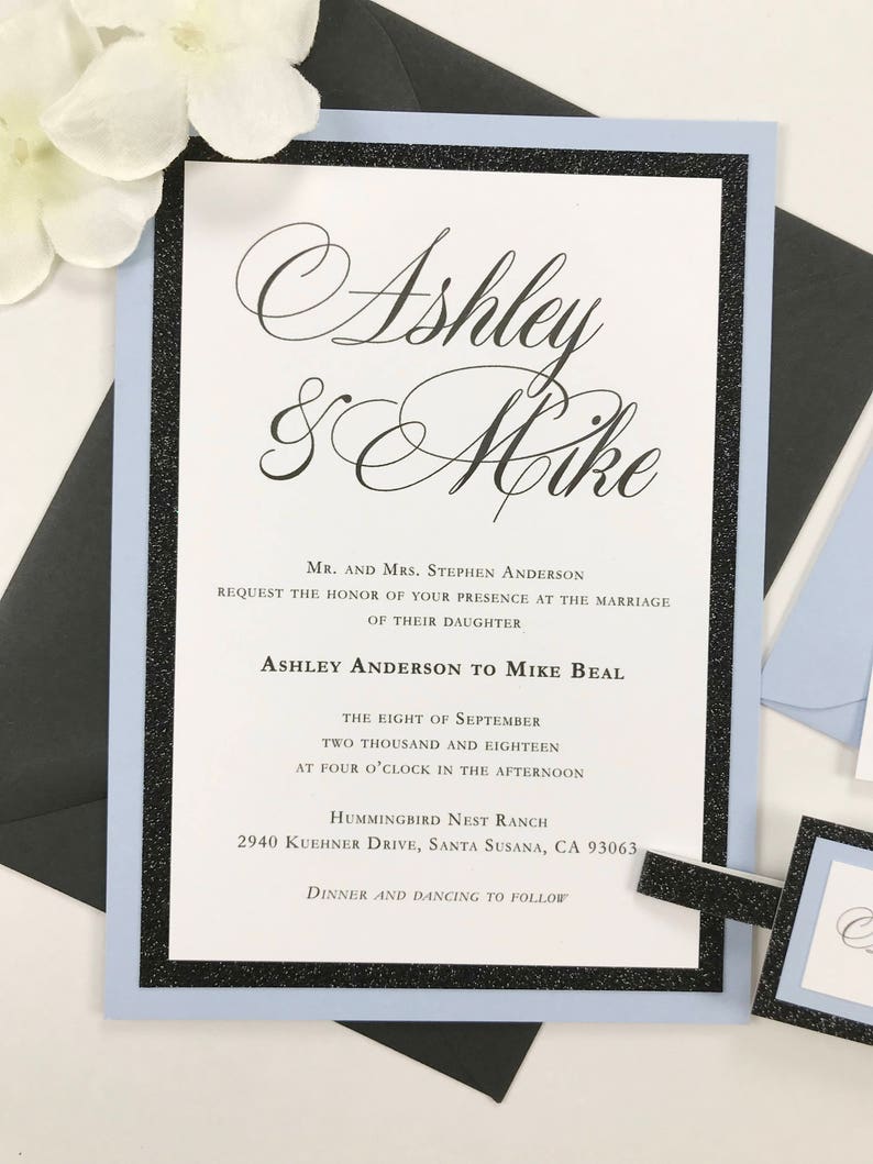 Traditional Dusty Blue Wedding Invites With Sharp Black | Etsy