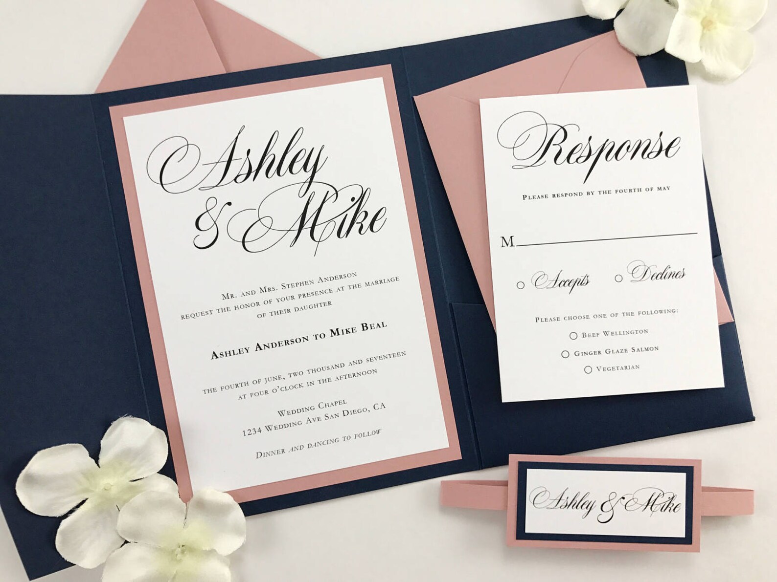 Navy and Dusty Rose pocket folder invites with belly band Navy | Etsy