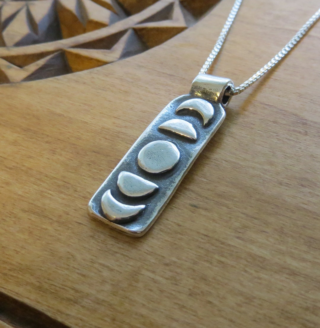 Solid 925 Sterling Silver Phases of the Moon Bar Pendant Necklace My ...