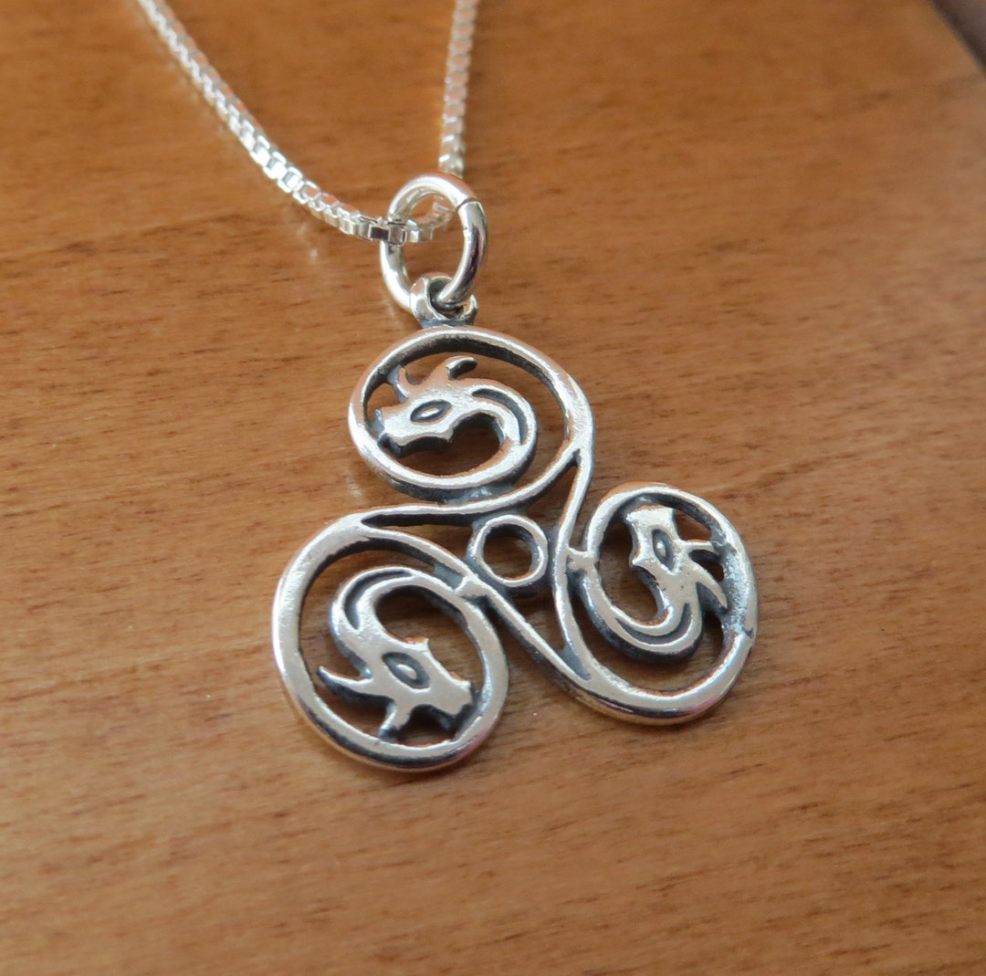 Solid 925 Sterling Silver Triple Dragon Celtic Triskele Charm Necklace ...