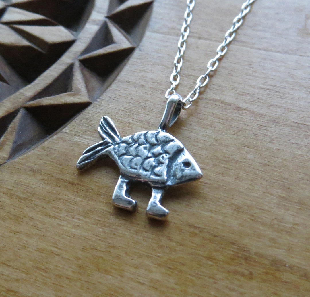 Small Solid 925 Sterling Silver Fish With Feet Evolution Pendant ...