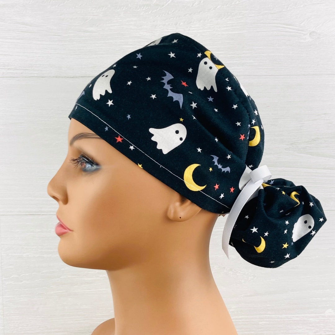 Womens Surgical Scrub Caps - Ponytail - Scrub Hat - Ghosts and Bats ...