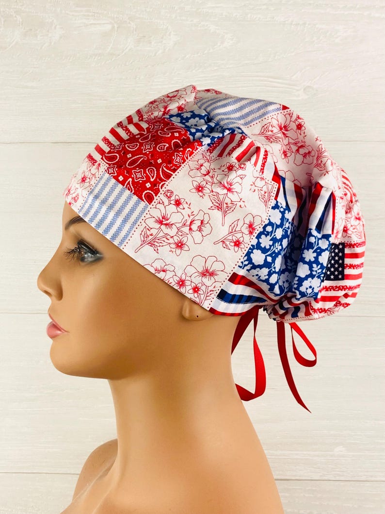 Scrub Hats for Women - Women's Tieback Hat - Patriotic Quilted - Scrub ...