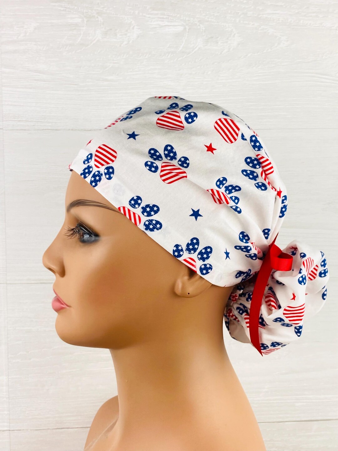 Womens Surgical Scrub Caps - Ponytail - Scrub Hat - Patriotic Paws ...