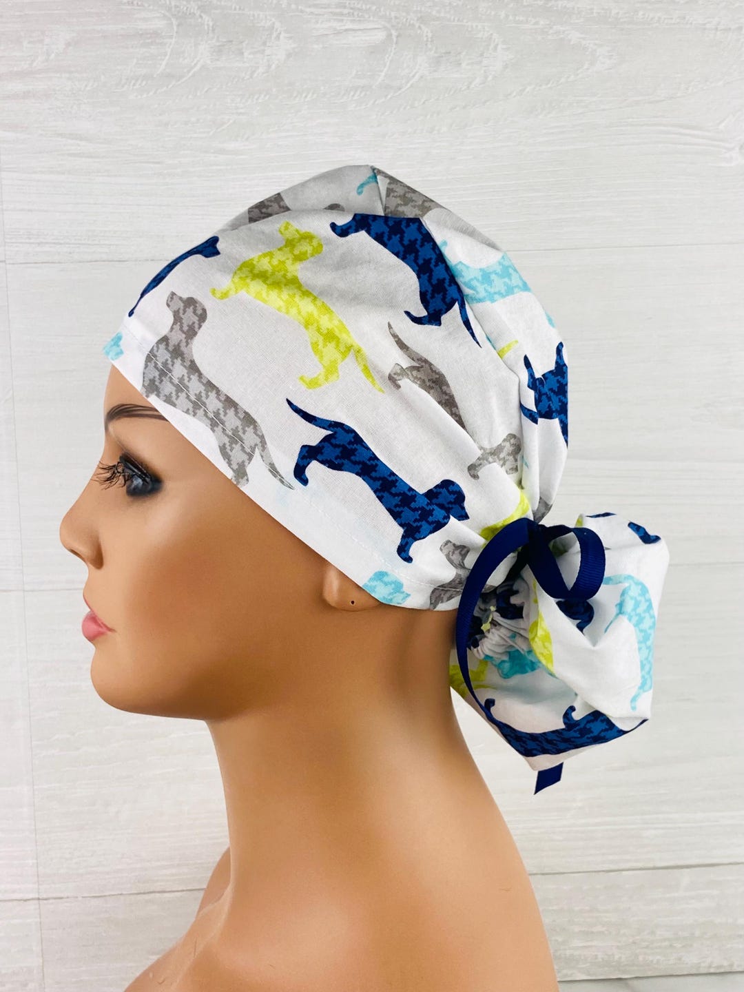 Womens Surgical Scrub Caps - Ponytail - Scrub Hat - Argyle Dachshunds ...