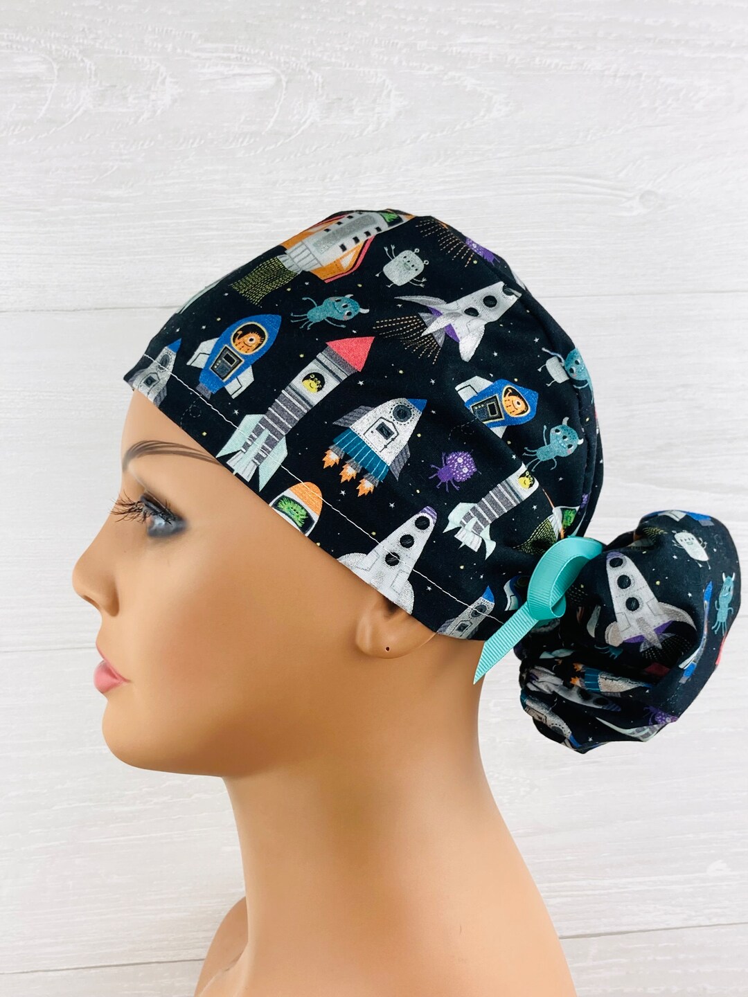 Womens Surgical Scrub Caps - Ponytail - Scrub Hat - Aliens and Rockets ...