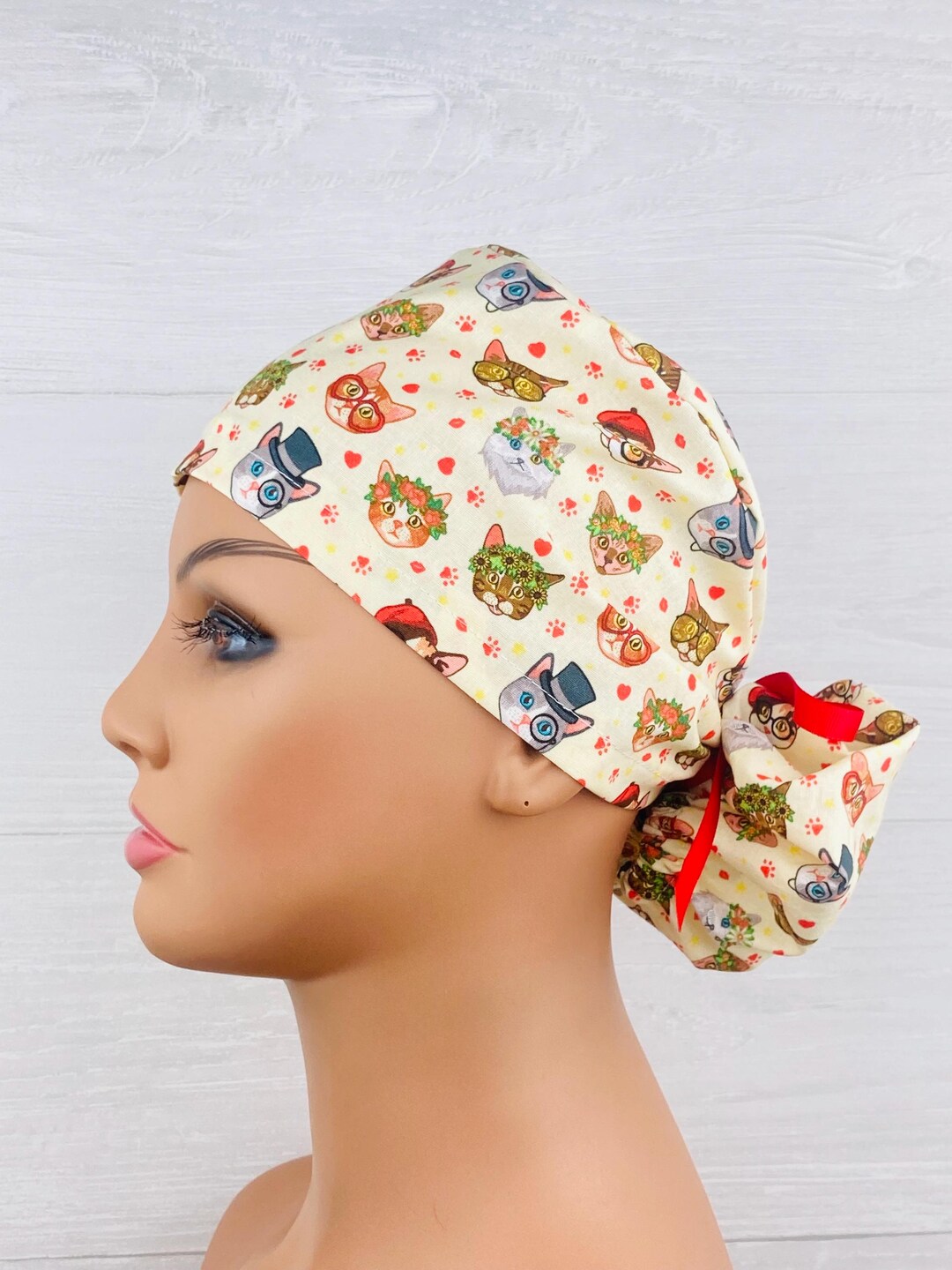 Womens Surgical Scrub Caps - Ponytail - Scrub Hat - Cat Faces - Scrub ...