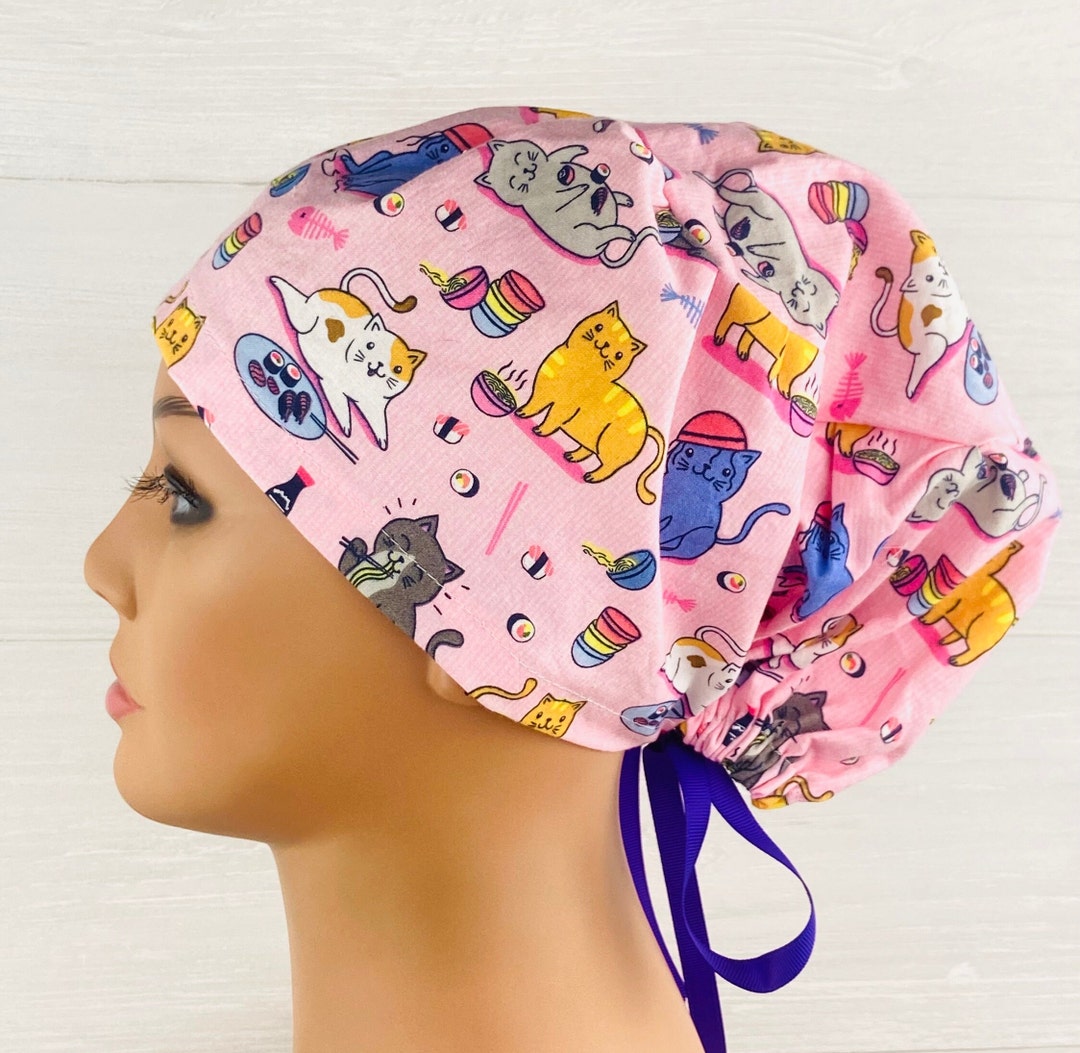 Scrub Hats for Women - Women's Tieback Hat - Scrub Caps - Sushi Cats ...