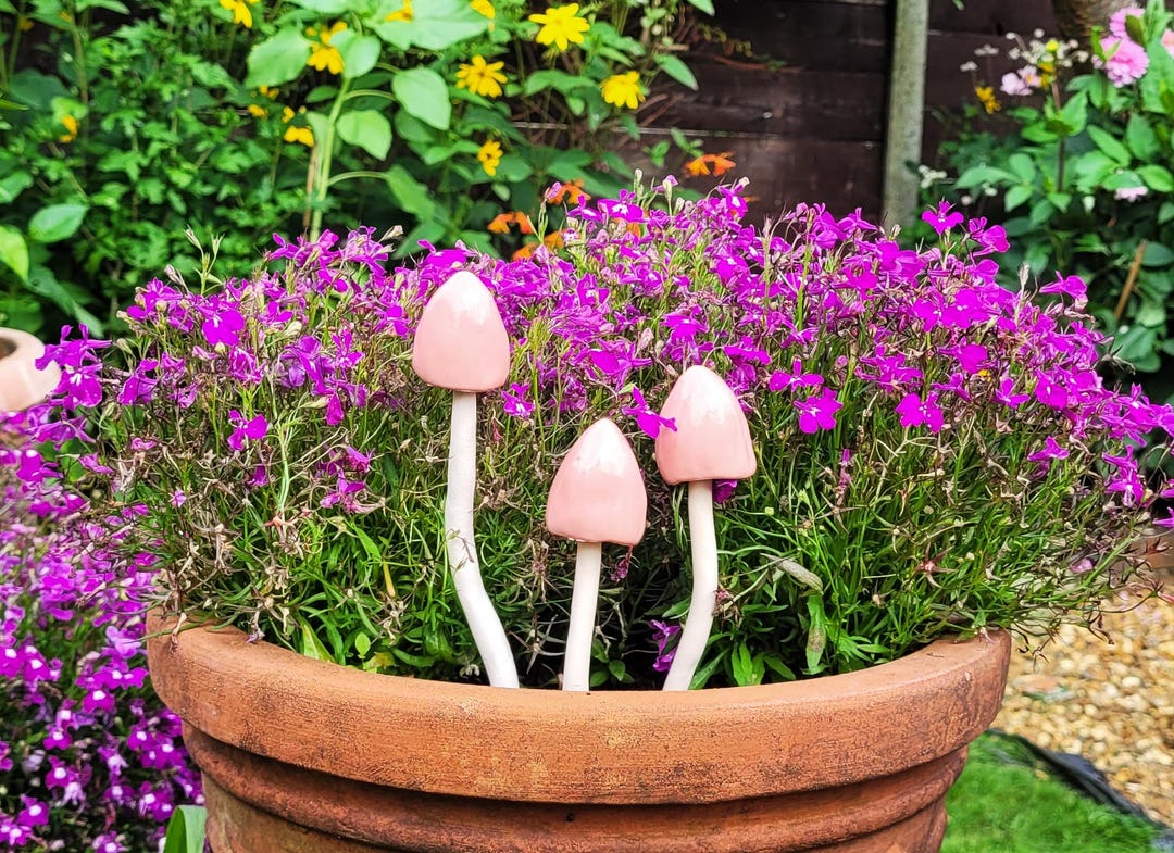 3 Mini Glazed Pink Ceramic Mushroom Toadstool Ideal for Plant Pots ...