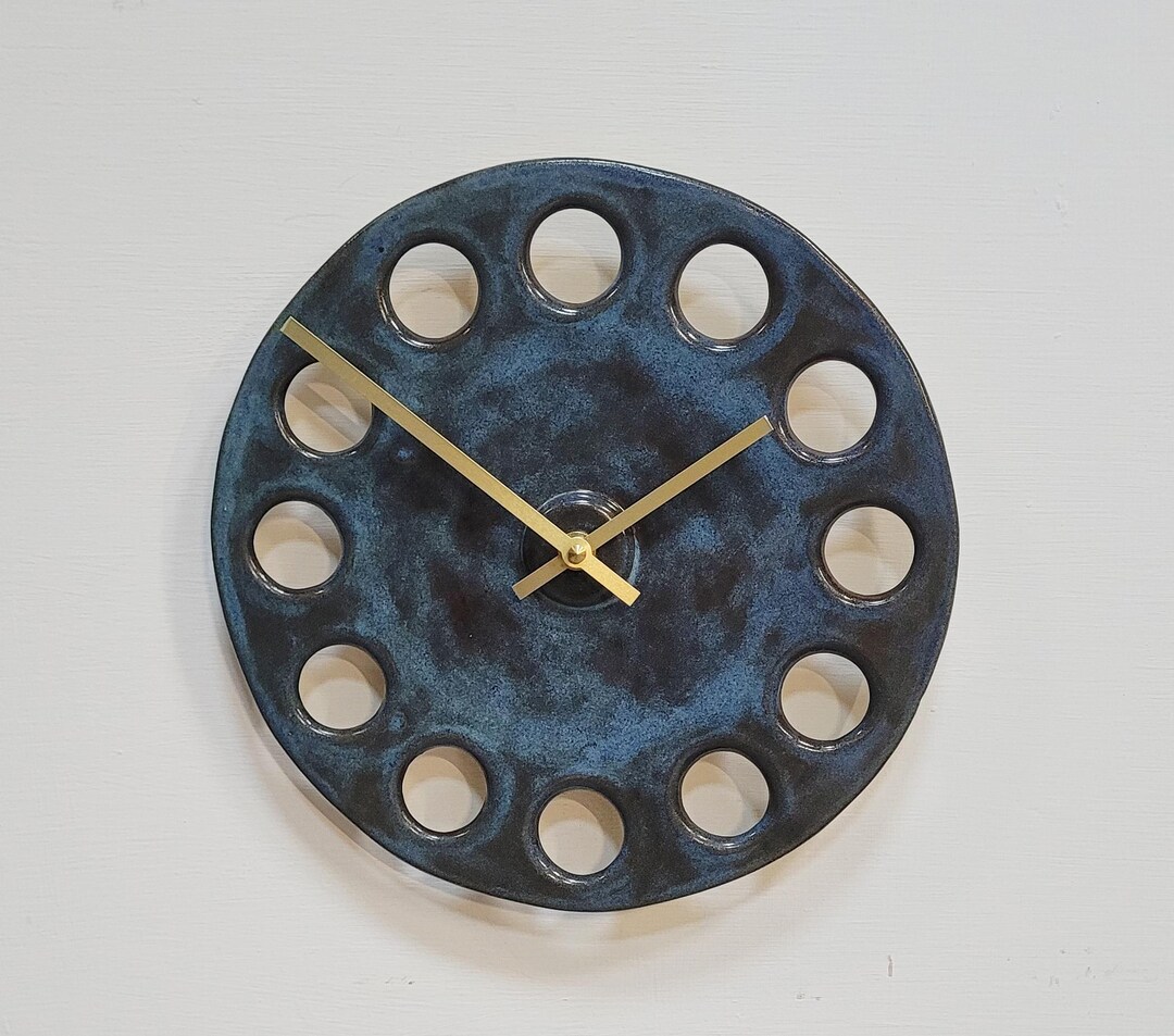 Unusual Hand Made Blue Glazed Stoneware Ceramic Minimalist Wall Clock ...