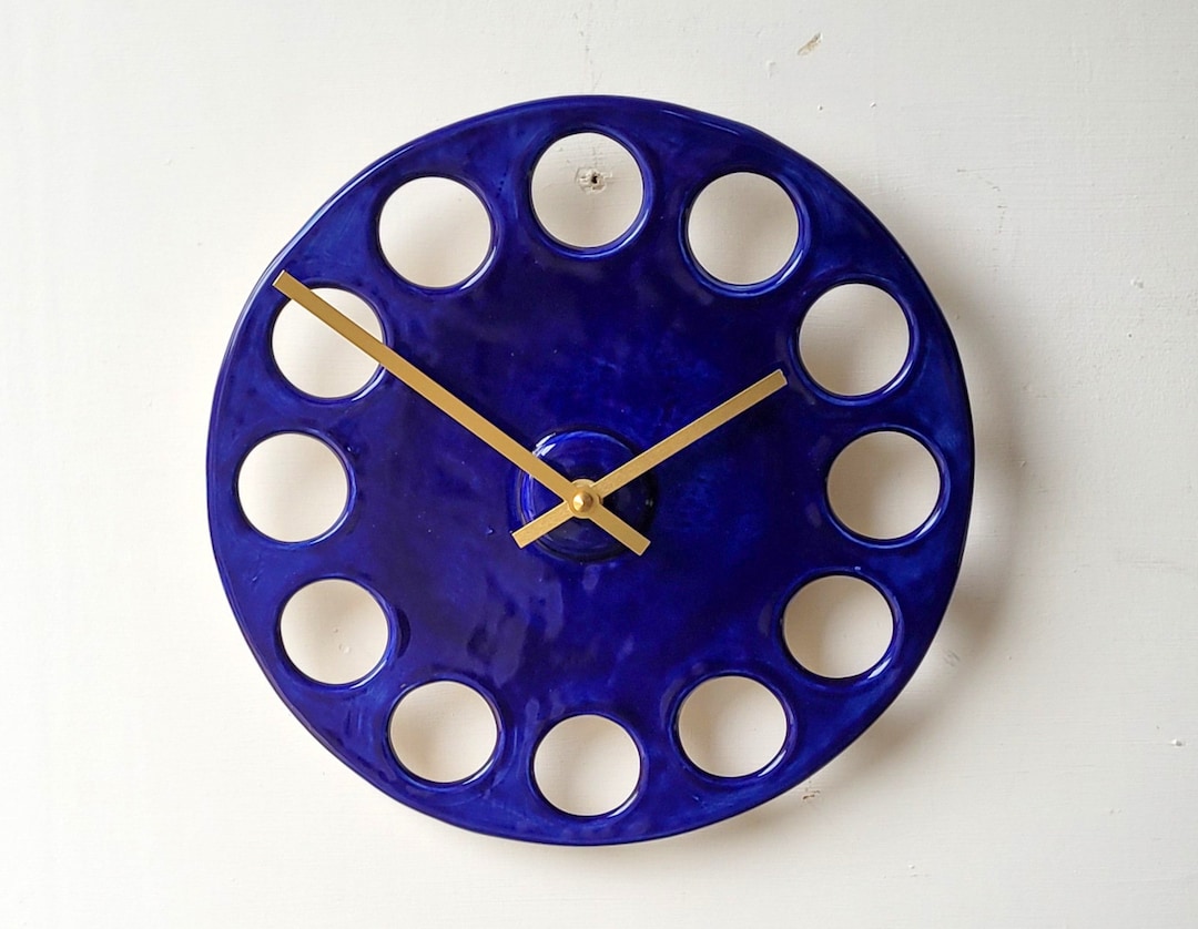 Circular Round Blue Glazed Stoneware Ceramic Minimalist Wall Clock 25 ...