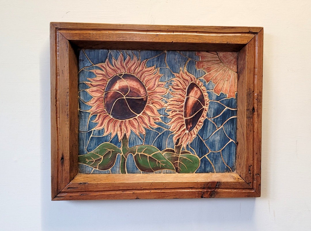 Sunflower Ceramic Tile Mosaic Set in a Reclaimed Pine Frame 48 Cm Long ...