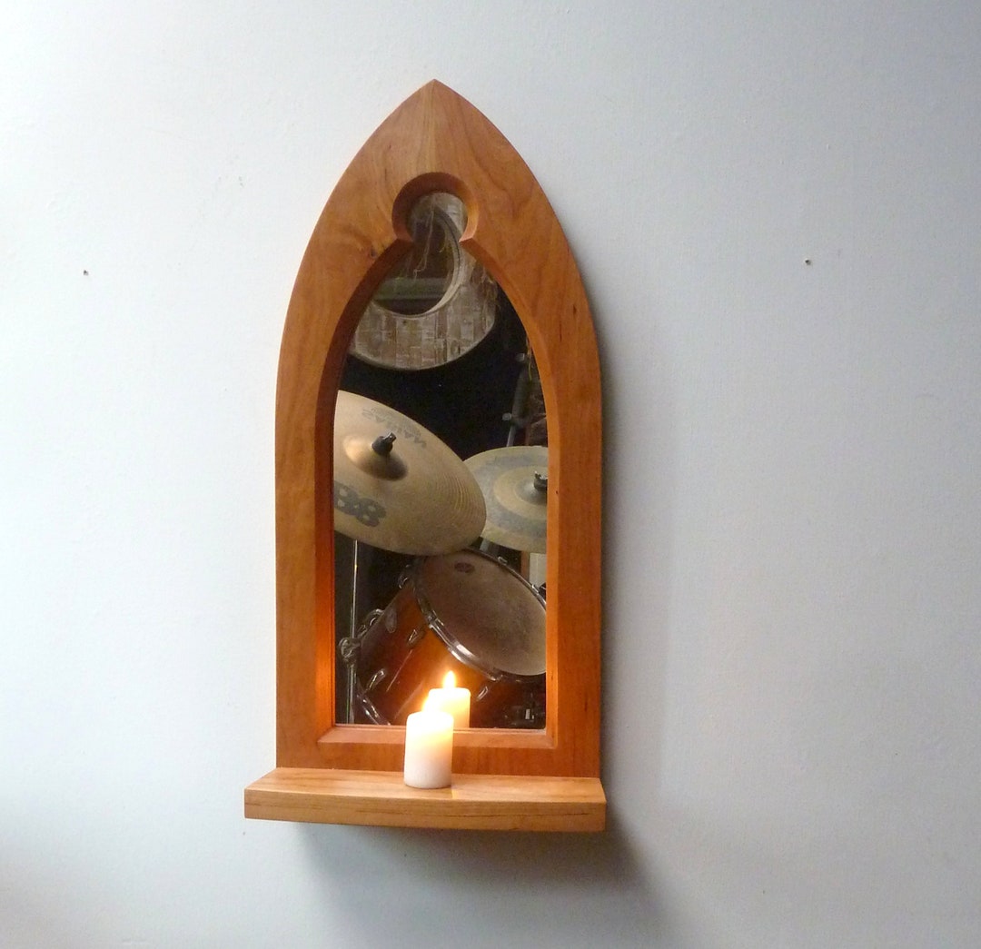 Gothic Arch Solid Wooden Cherry Keyhole Trefoil Wall Mirror & Shelf 60 ...