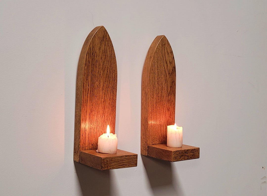 Pair of Gothic Arch Wall Hanging English Oak Candle Holder Sconce Shelf ...