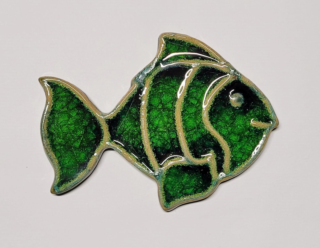 Hand Made Fish Green Ceramic & Inlaid Glass Wall Plaque Tile Bathroom ...