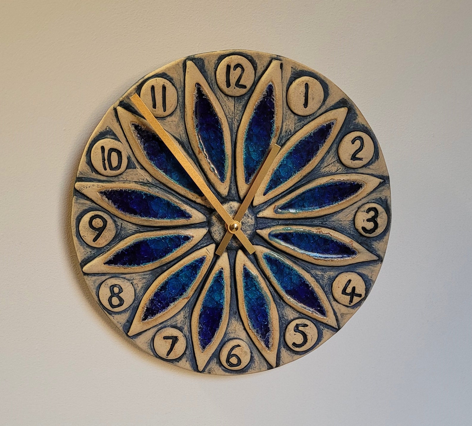 Hand Made Circular Round Blue Natural Ceramic Glass Wall Clock Quartz ...