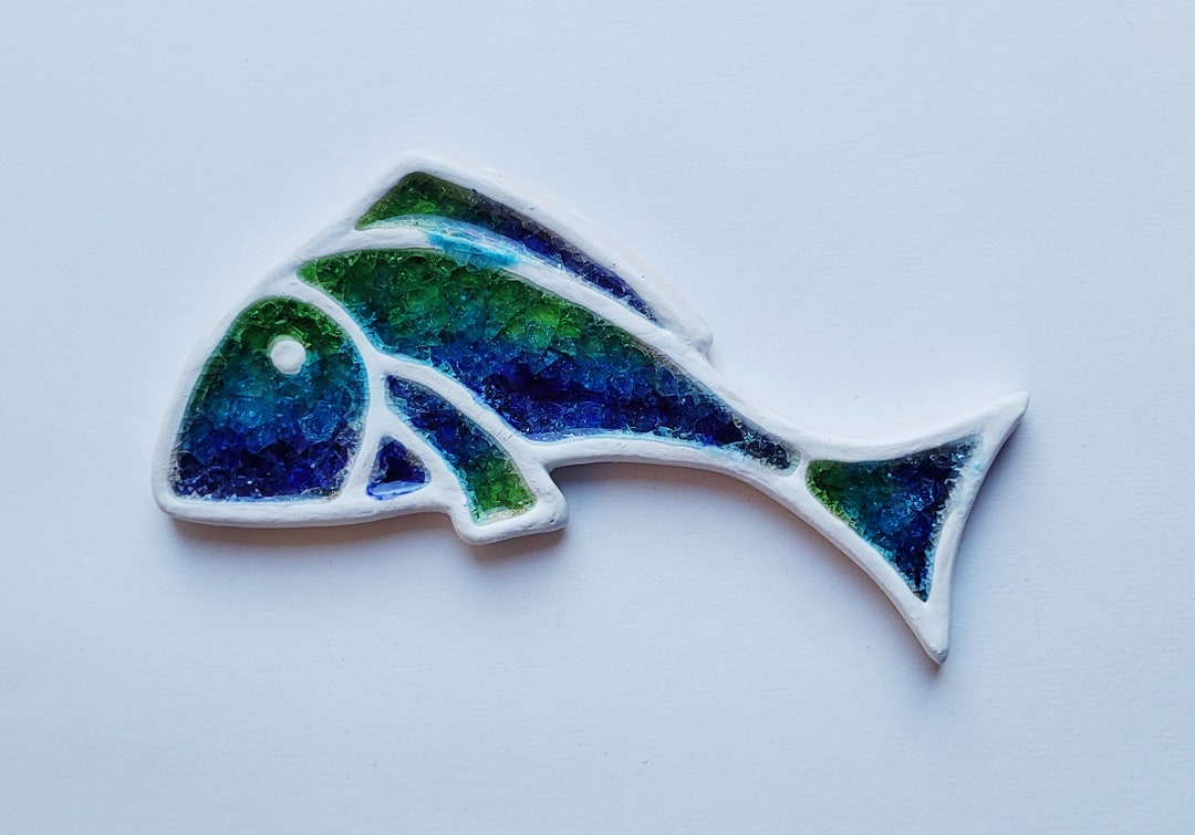 Hand Made Blue Green and White Fish Ceramic & Glass Wall Hanging Plaque ...