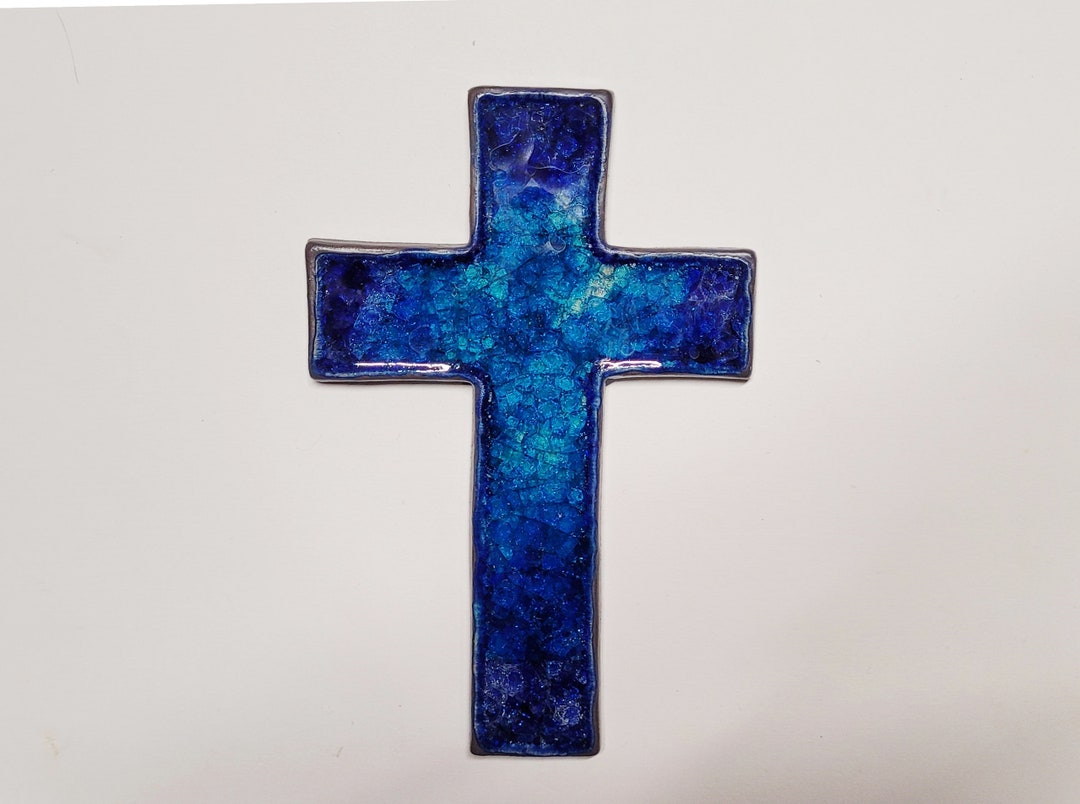 Handmade Ceramic Inlaid Blue Glass Cross Wall Hanging Plaque Christian ...