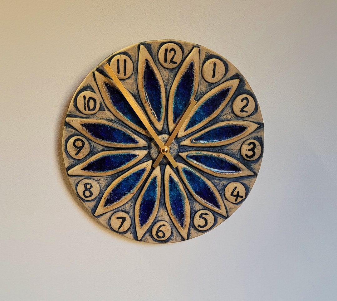 Hand Made Circular Round Blue Natural Ceramic Glass Wall Clock Quartz ...