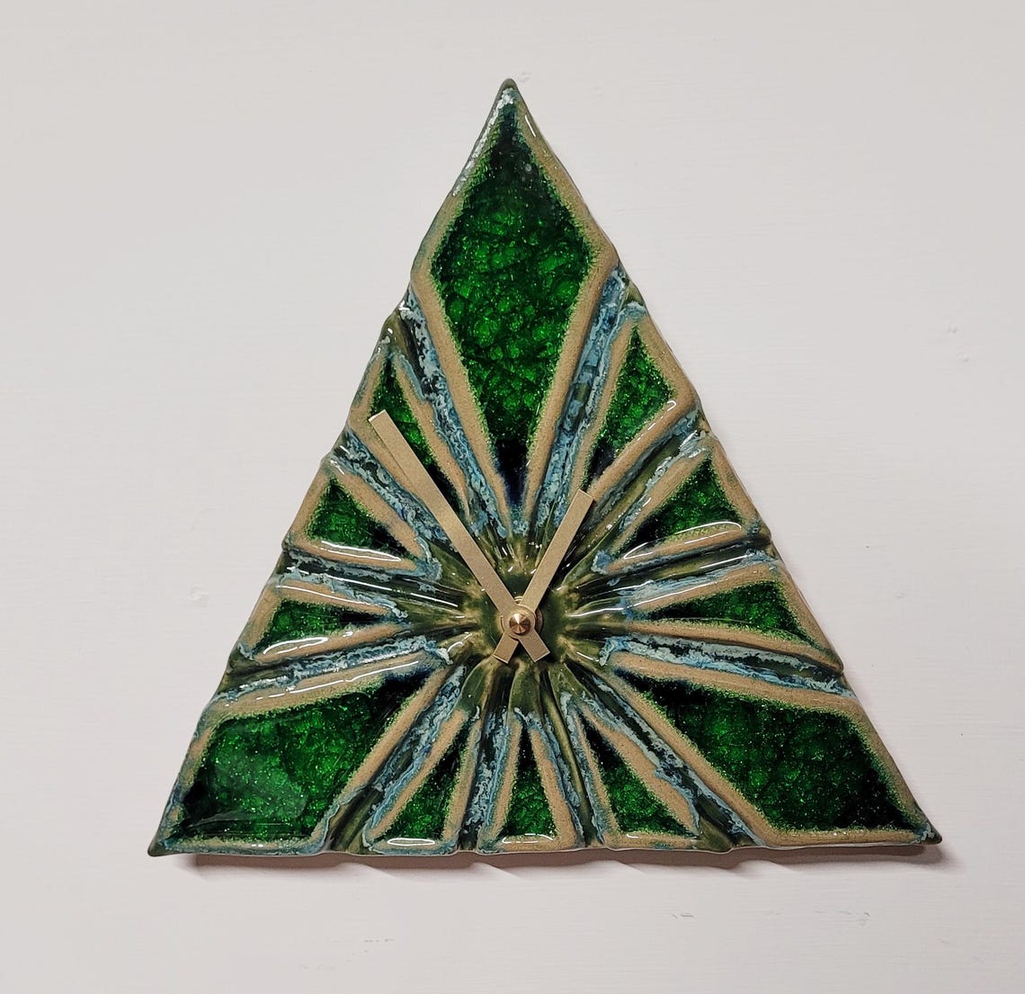 Hand Made Triangular Green Glazed Ceramic & Inlaid Glass Quartz Wall ...
