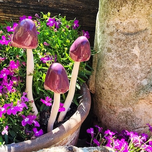 3 Mini Purple Glazed Ceramic Standing Mushroom Toadstool Winter Garden ...