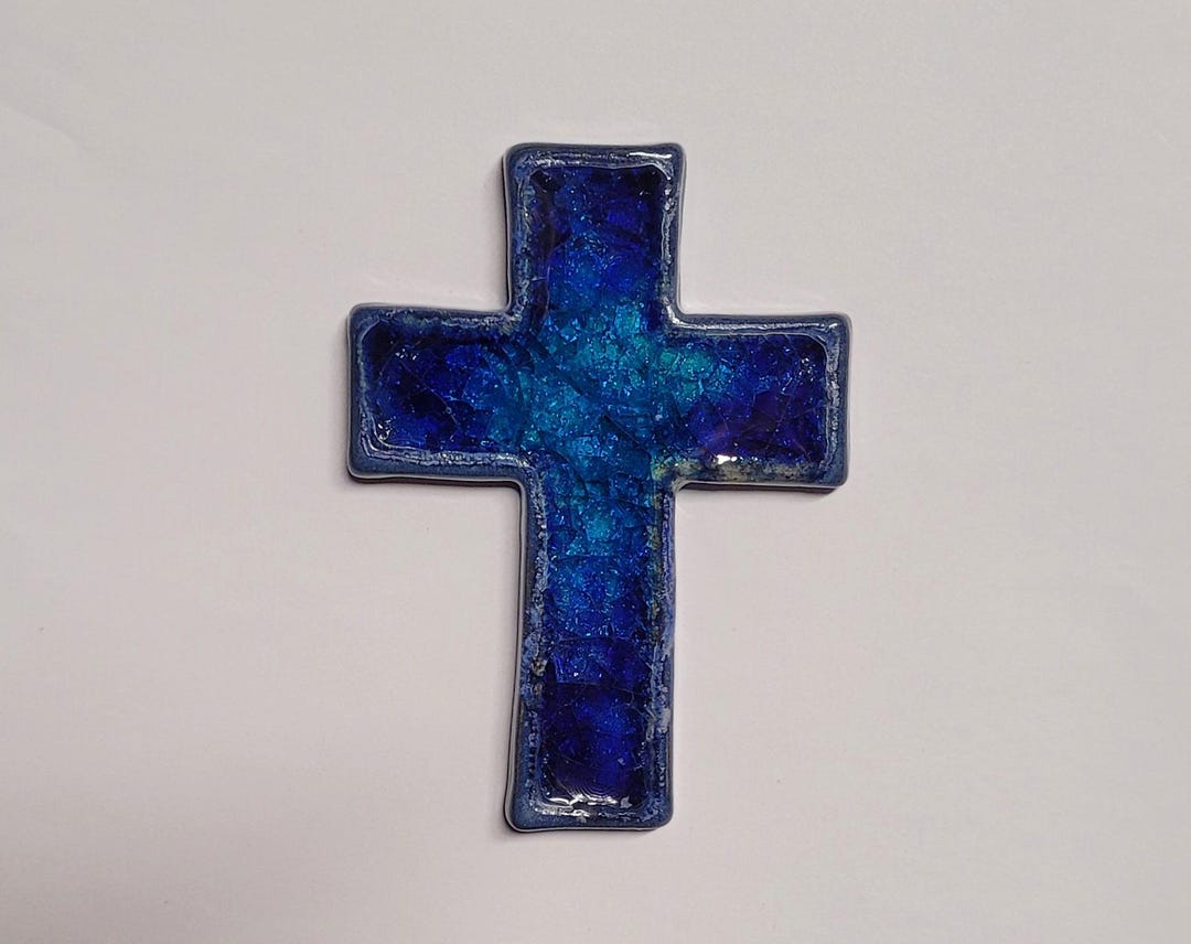 Hand Made Ceramic Blue Glass Cross Wall Plaque Christian Christening ...