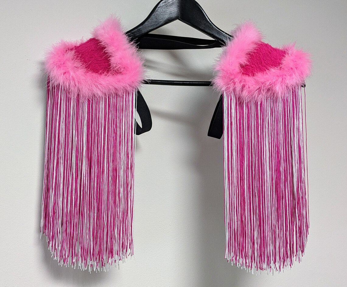 BYE BOU - Pink and White Fringe Epaulettes, Pink Fluffy Shoulder Pads ...