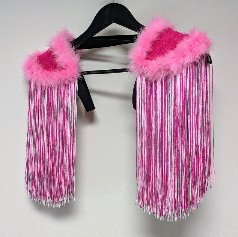 BYE BOU - Pink and White Fringe Epaulettes, Pink Fluffy Shoulder Pads ...