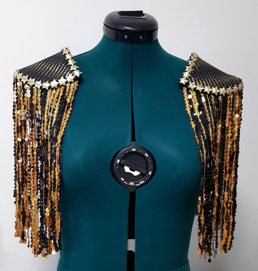 GLOW Black/gold Sequin Fringe Epaulettes, Gold Stars Shoulder Pads ...