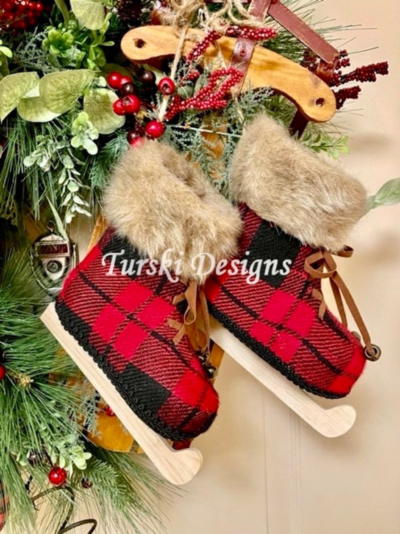 Buffalo Check Skate Sled Winter Wreath, Rustic Christmas Wreath ...