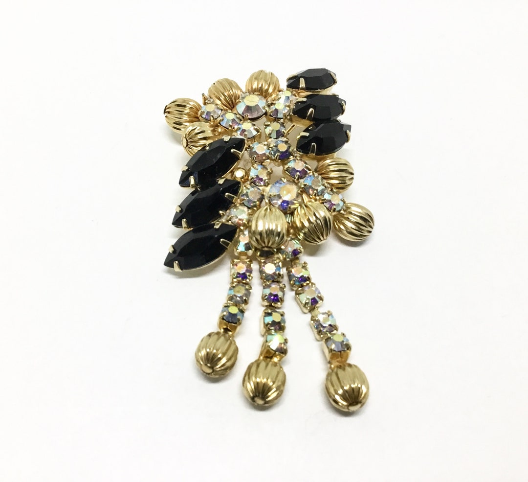 Vintage Rhinestone Dangle Brooch: AB & Black Rhinestones, Goldtone ...