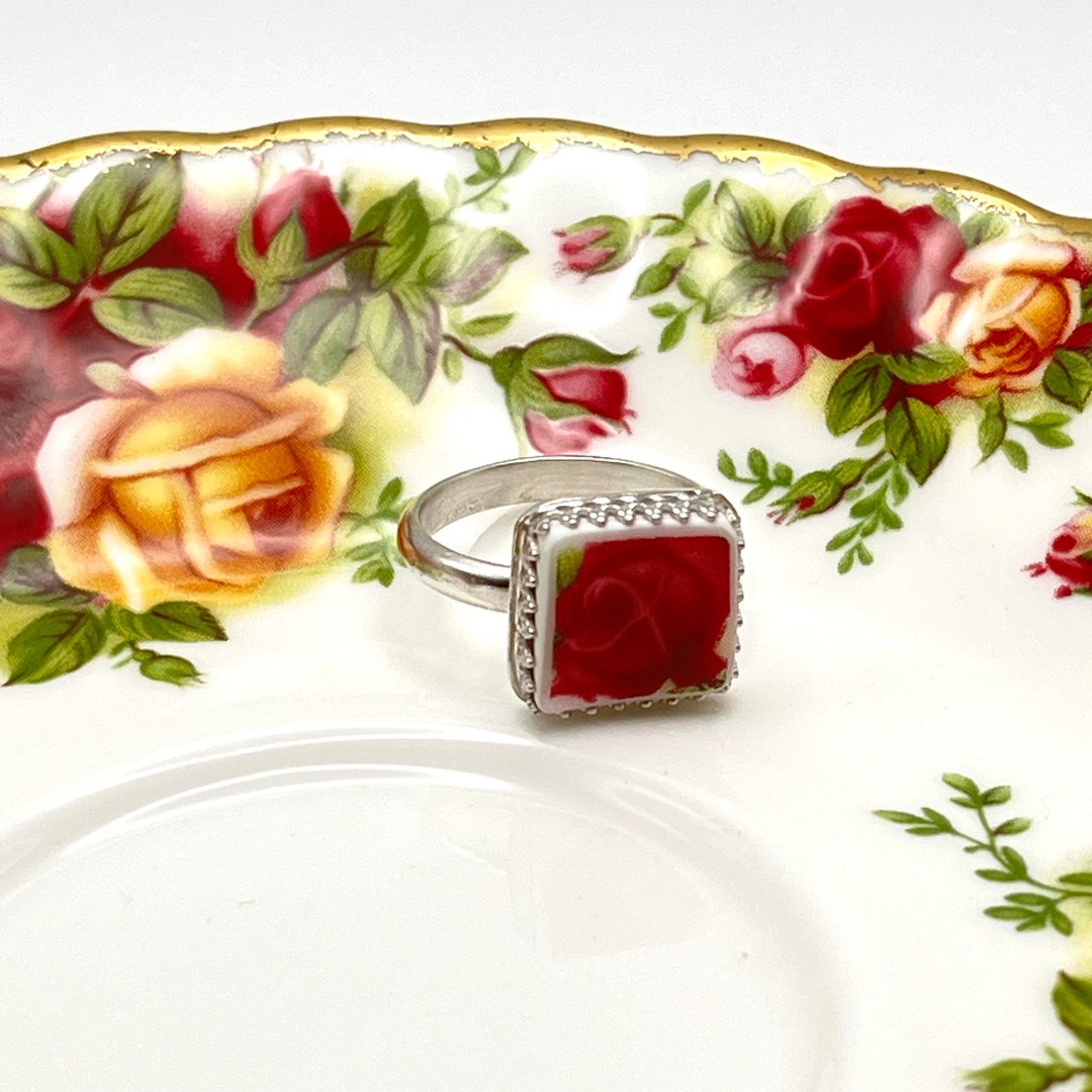 Handmade USA, Broken China Ring, 925 Sterling Silver, Old Country Rose ...