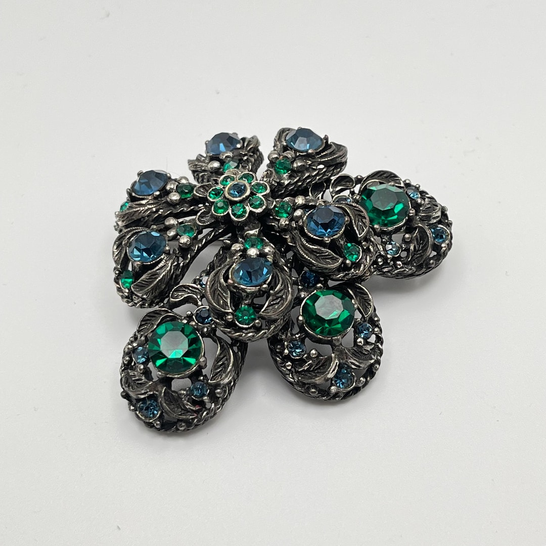 Signed Vintage Selini Brooch, Blue and Green Rhinestones - Etsy