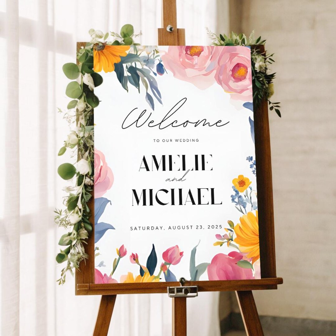 Watercolour Floral, Colourful Wedding Entrance Sign, Acrylic Wedding ...