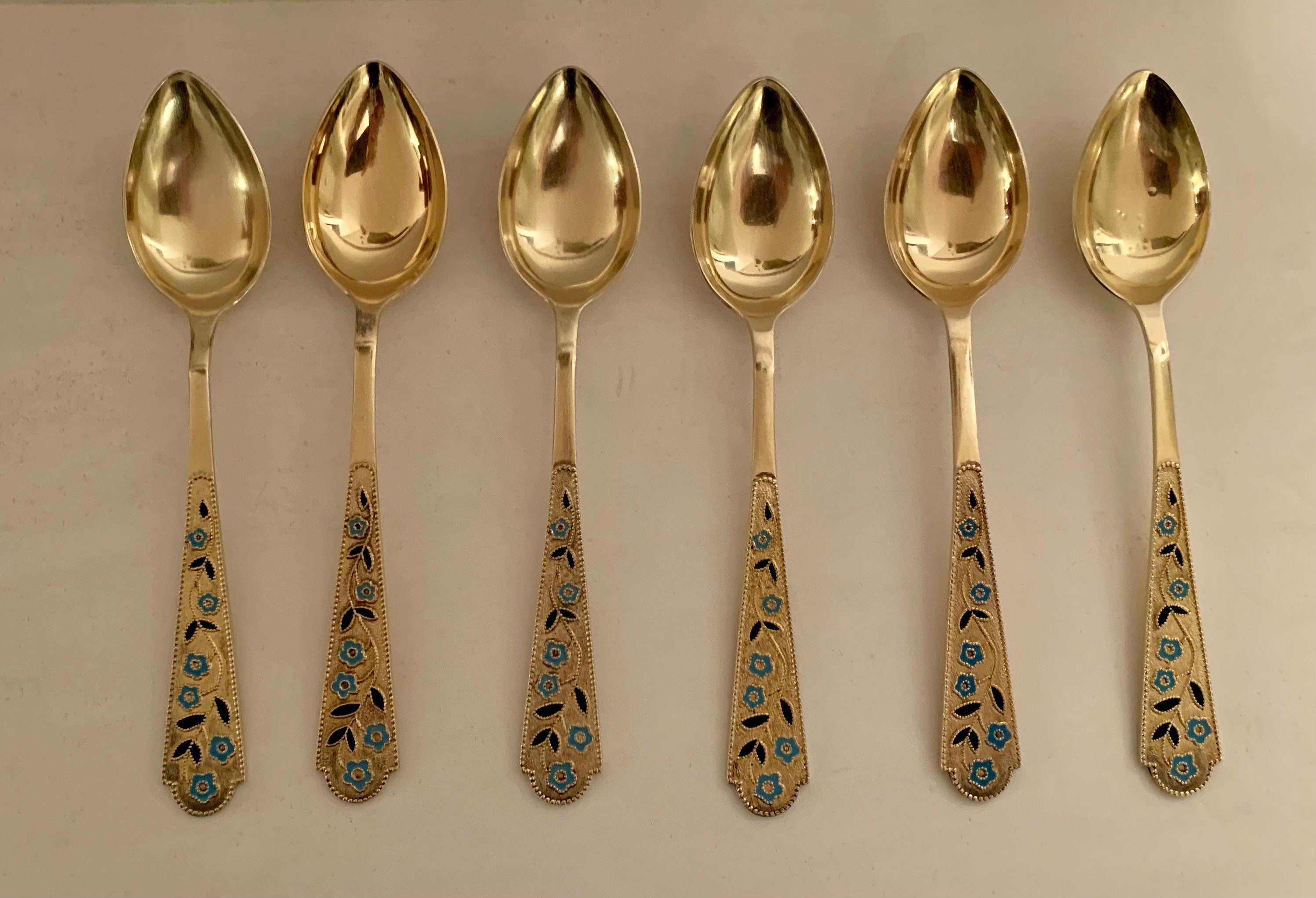 Russian 875 Silver Gold Plated Enamel Spoons and Fork Set Dining ...