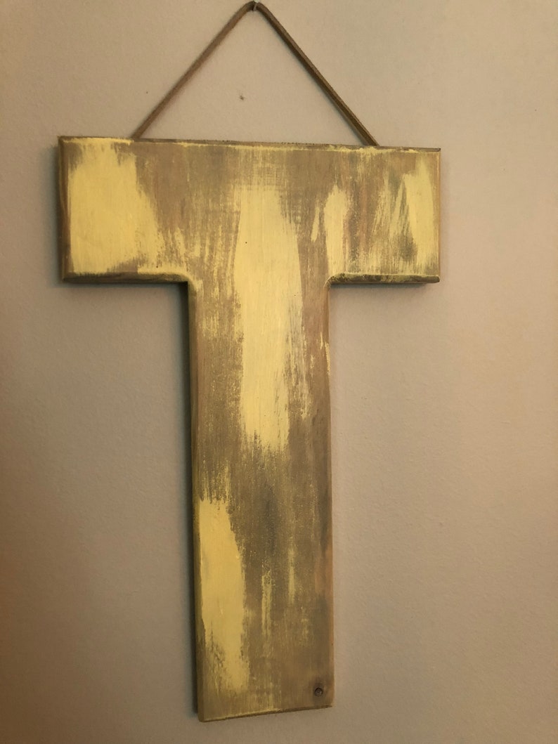 Rustic Letter 'T' Monogram Home Decor, Soft Yellow and Gray Painted ...