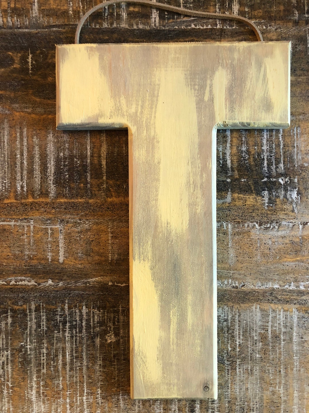 Rustic Letter 'T' Monogram Home Decor, Soft Yellow and Gray Painted ...